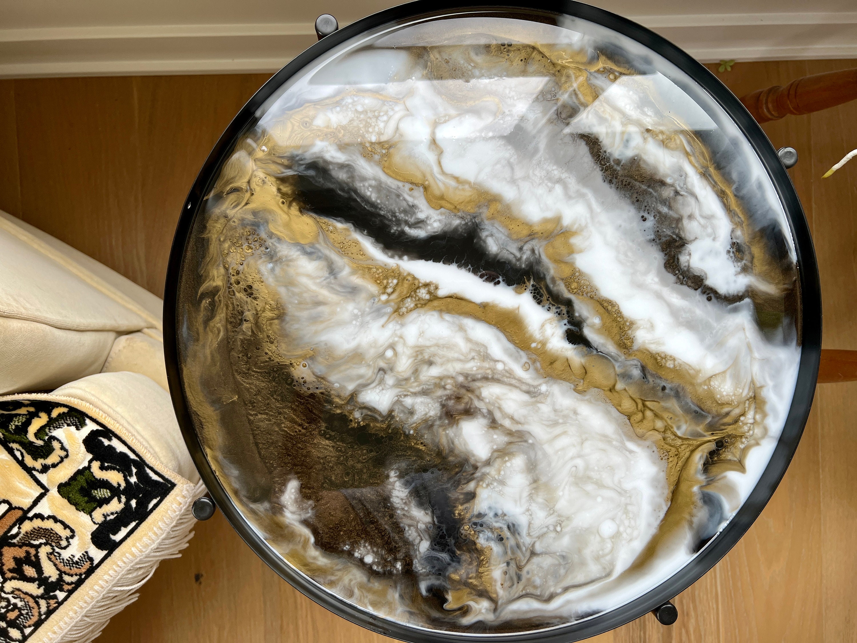 Epoxy Resin Side Tray Table. Black, Gold and White Marble Like Effect ...