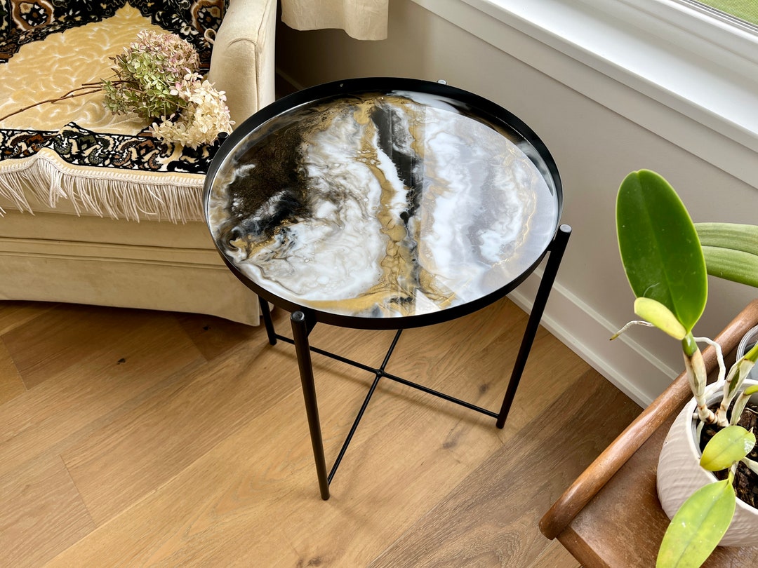 Epoxy Resin Side Tray Table. Black, Gold and White Marble Like Effect ...