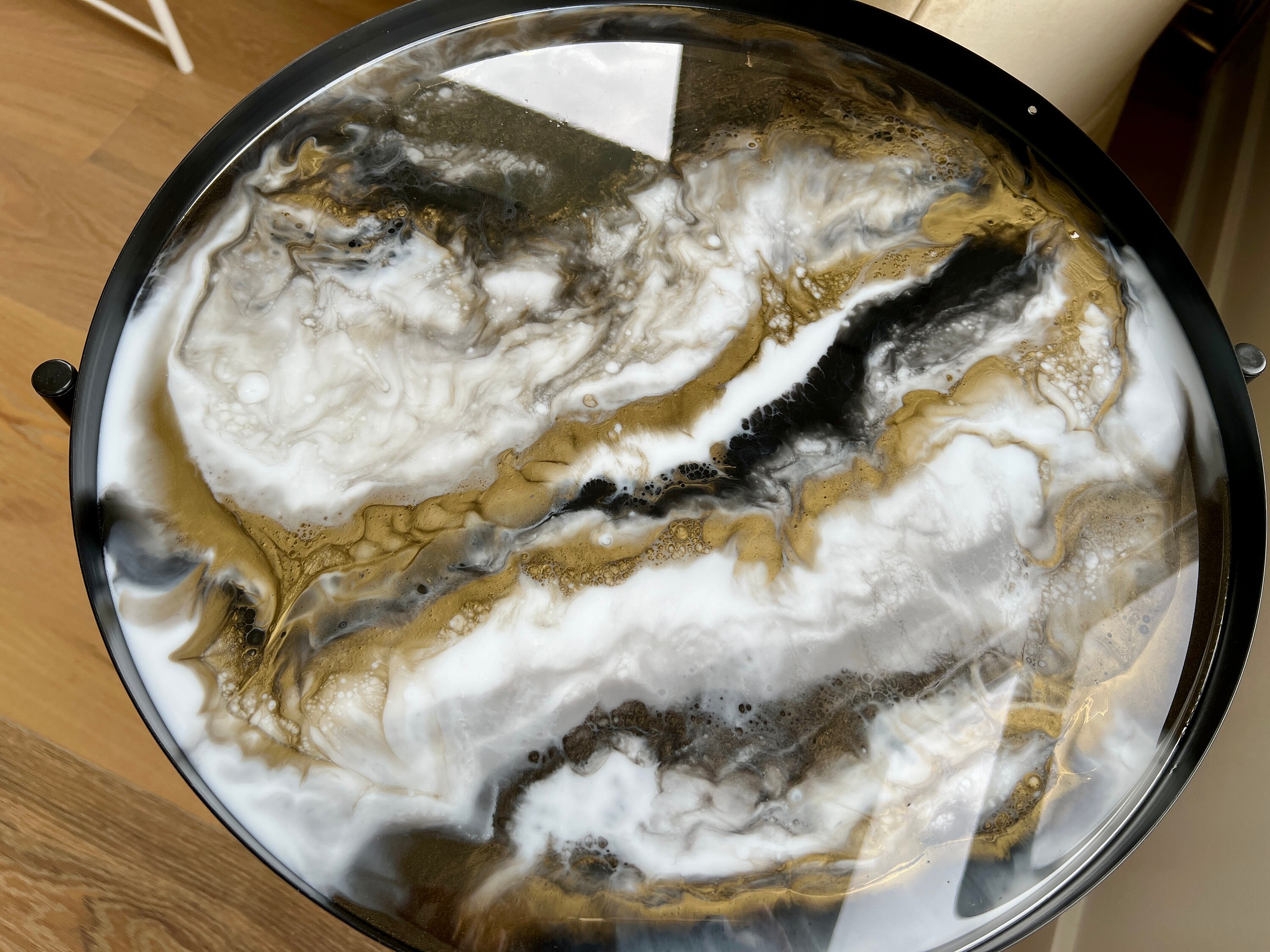 Epoxy Resin Side Tray Table. Black, Gold and White Marble Like Effect ...