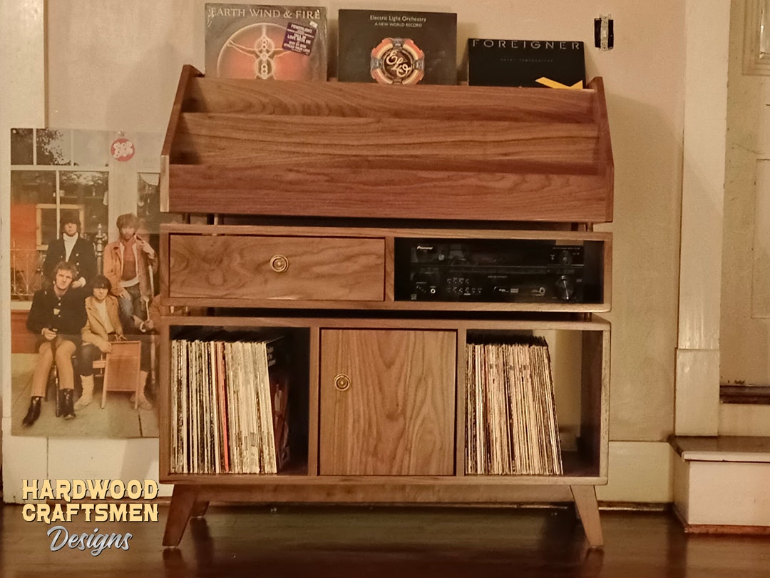 Record Storage Cabinet / 9 Vinyl Flip Bins / Stereo Drawer / Wood Door ...