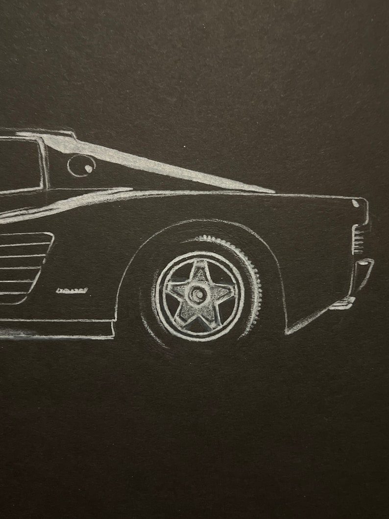 Ferrari Testarossa Original White Sketch on Black Paper. Shiny Vintage ...