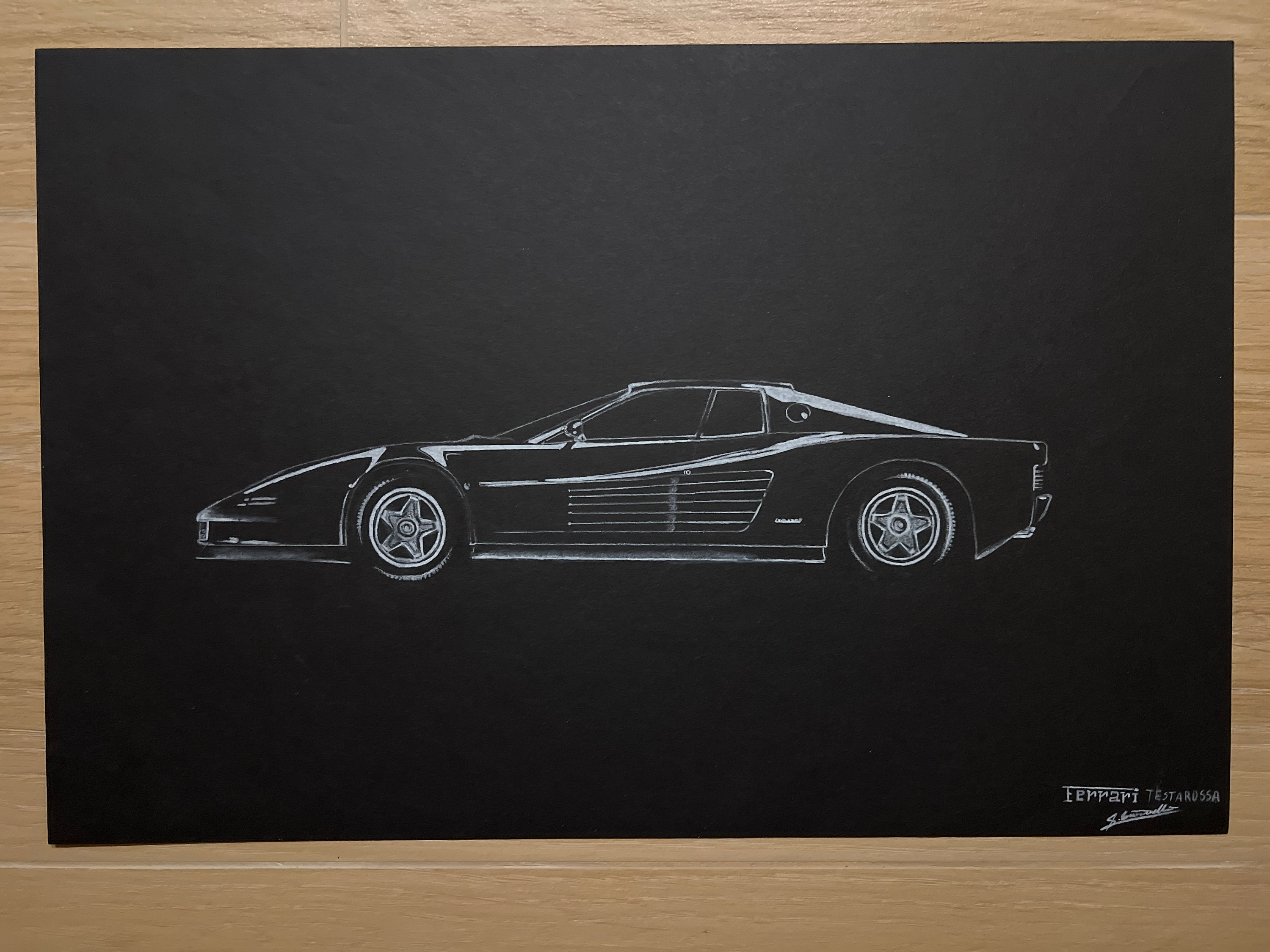 Ferrari Testarossa Original White Sketch on Black Paper. Shiny Vintage ...