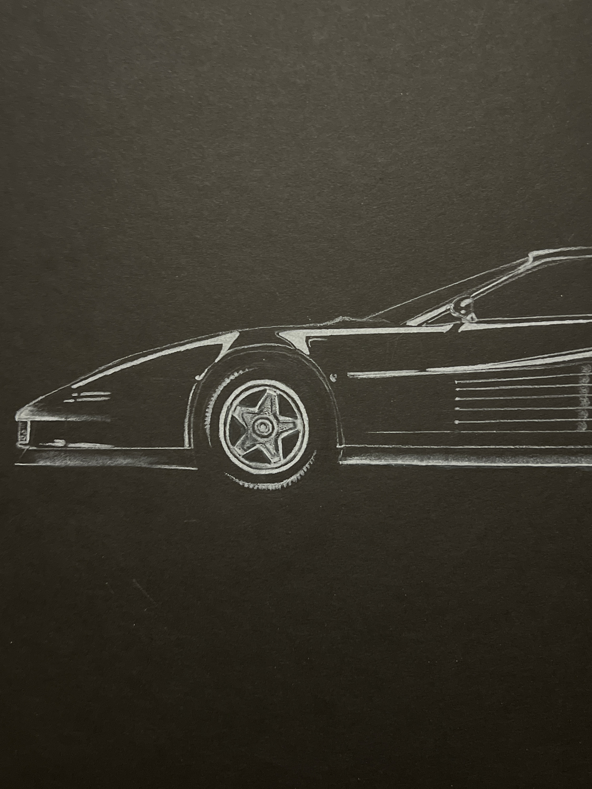 Ferrari Testarossa Original White Sketch on Black Paper. Shiny Vintage ...