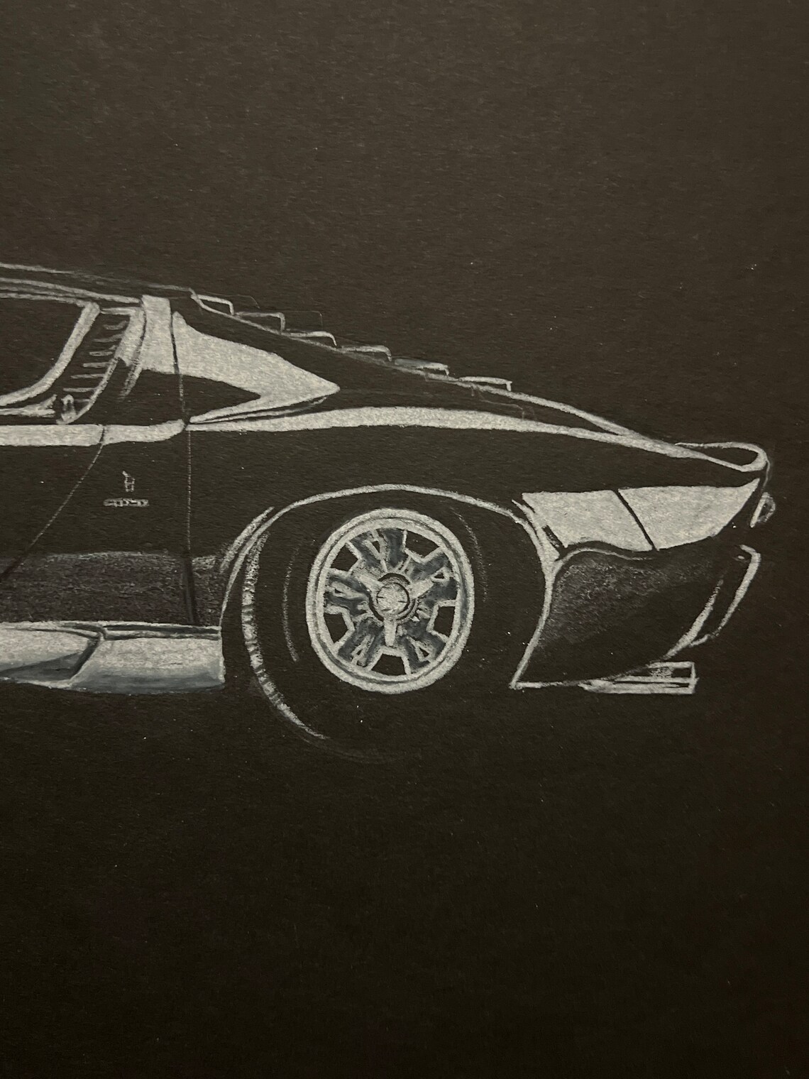 Lamborghini Miura Original Sketch White Pencil on Black Paper, Shiny ...