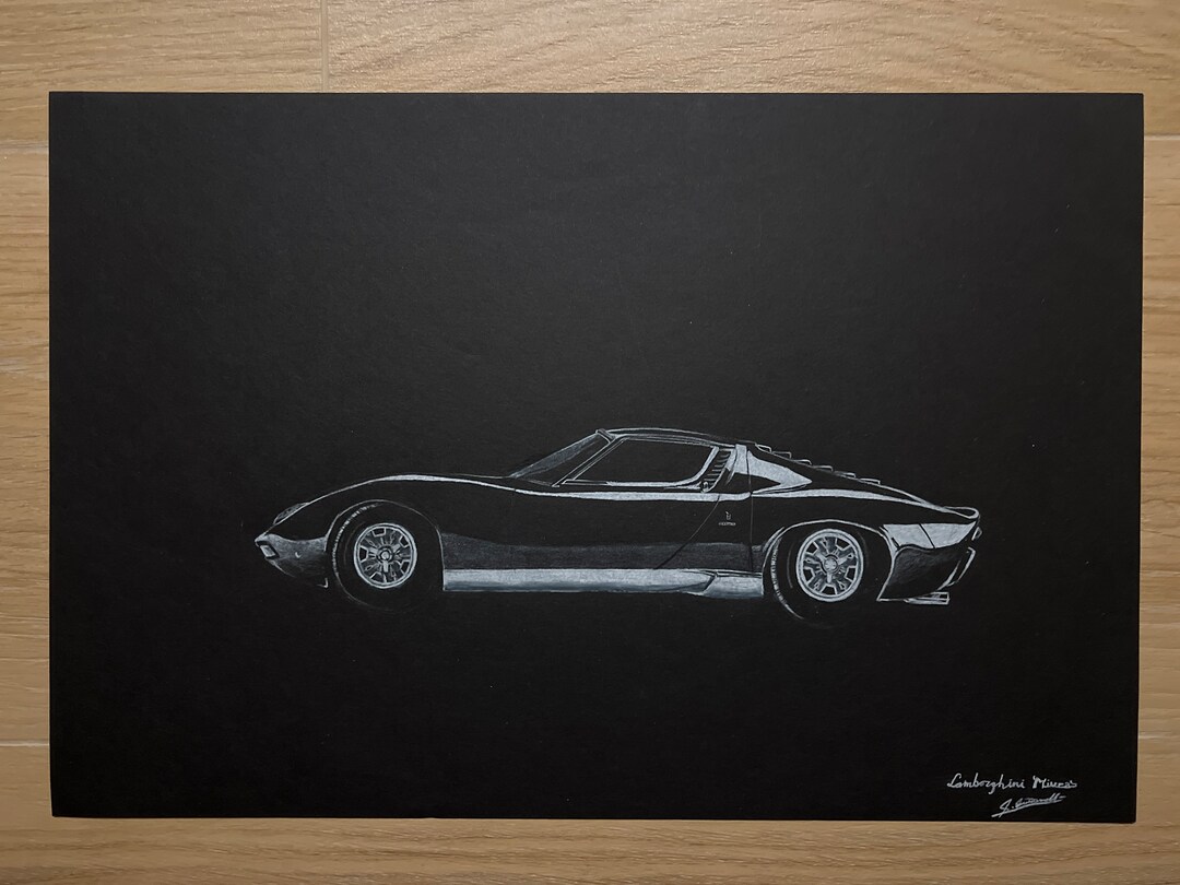 Lamborghini Miura Original Sketch White Pencil on Black Paper, Shiny ...