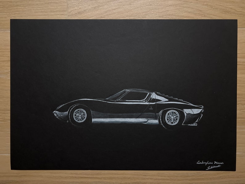 Lamborghini Miura Original Sketch White Pencil on Black Paper, Shiny ...