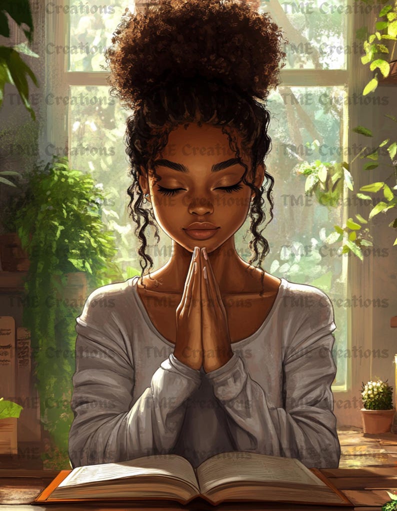 7 Black Girl Praying Clipart, Black Girl Clipart Bundle, African American Women in Prayer ...