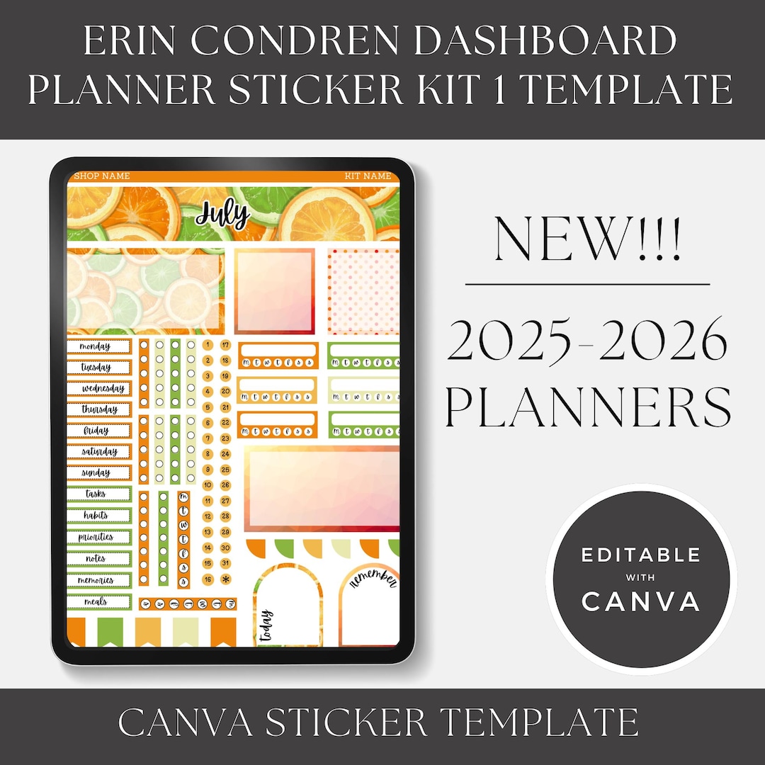 Erin Condren Dashboard Planner Sticker Kit Template: Editable Canva ...