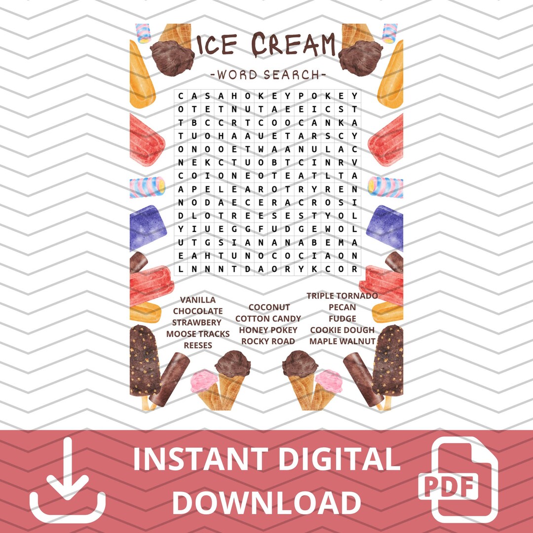 Ice Cream Word Search, Printable Download, Children Activity, Ice Cream ...