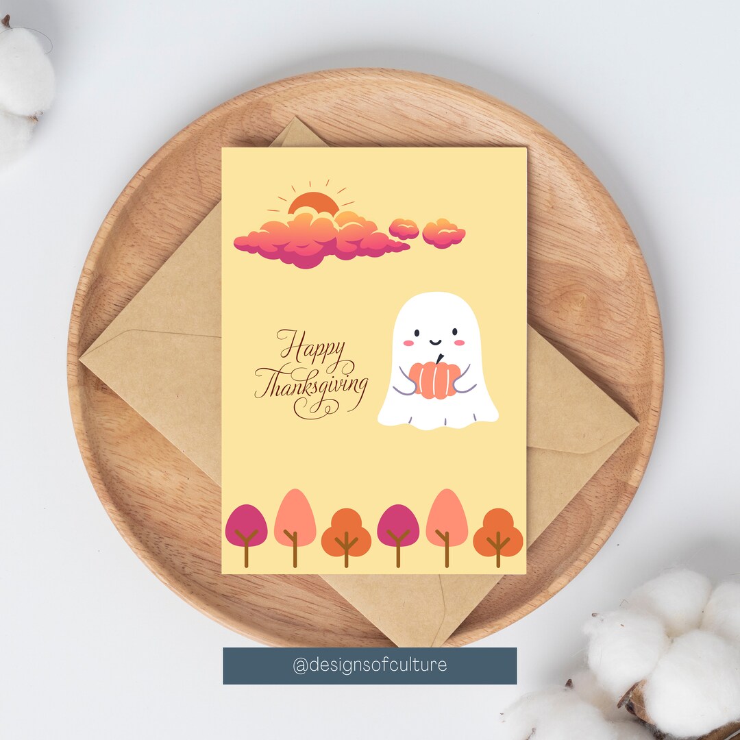 Cute Ghost Thanksgiving Card Printable Sunset Adorable - Etsy