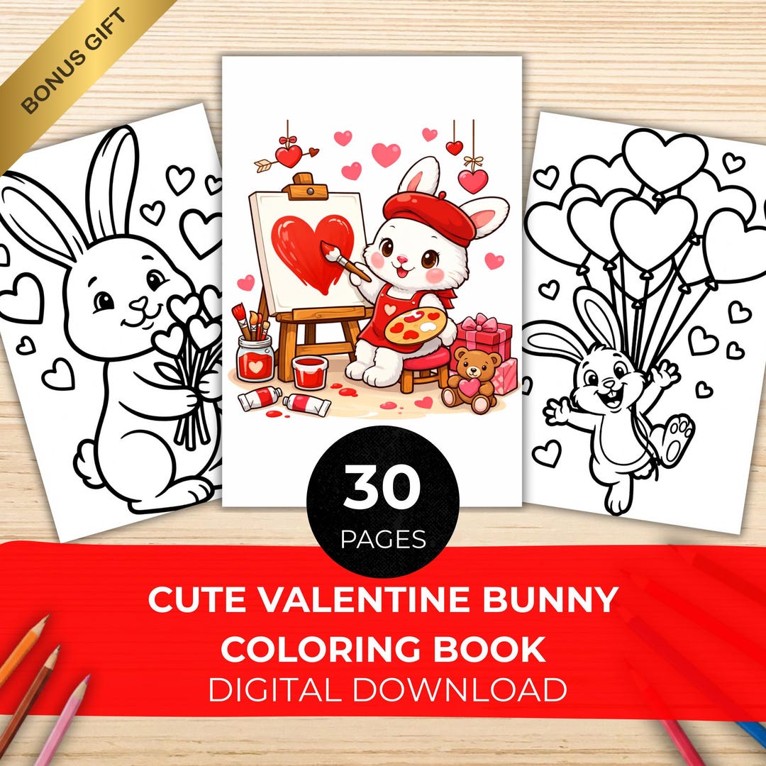 30 Cute Valentine Bunny Coloring Book | Adorable Rabbit Love Coloring ...