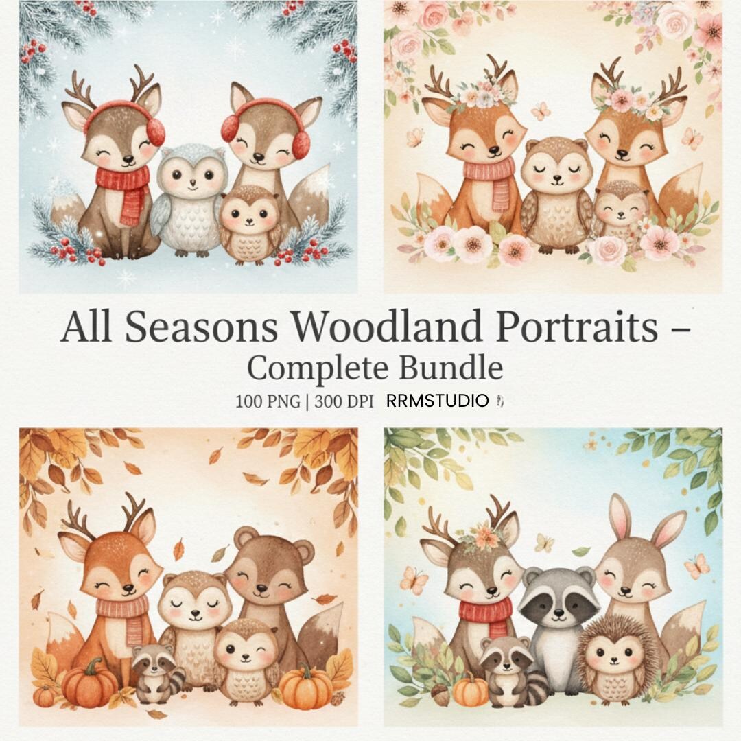 All Seasons Woodland Portraits Clipart, 100 PNG Forest Animals, Winter ...