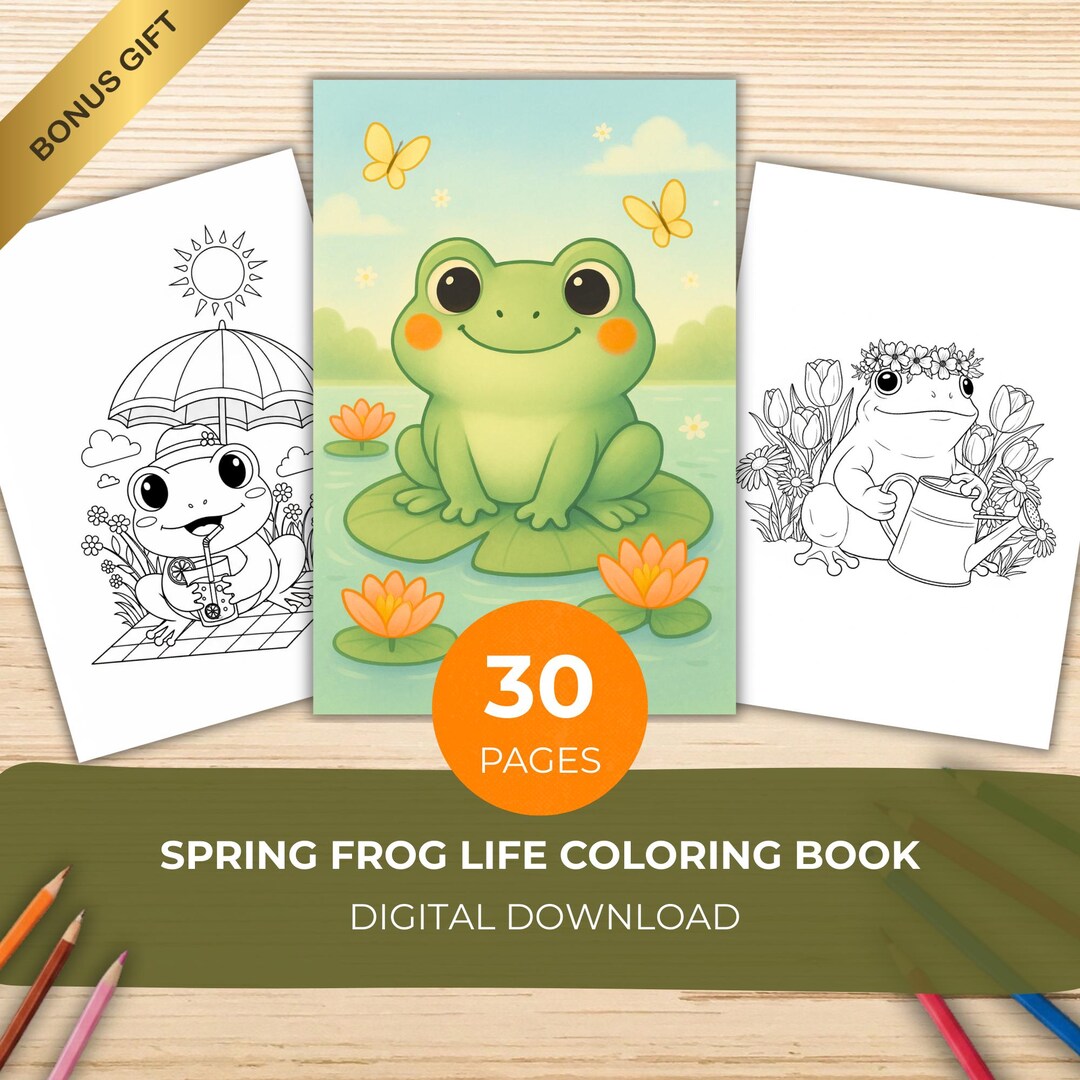 Spring Frog Life Coloring Book – 30 Cute Kawaii Frog Pages | Easy ...