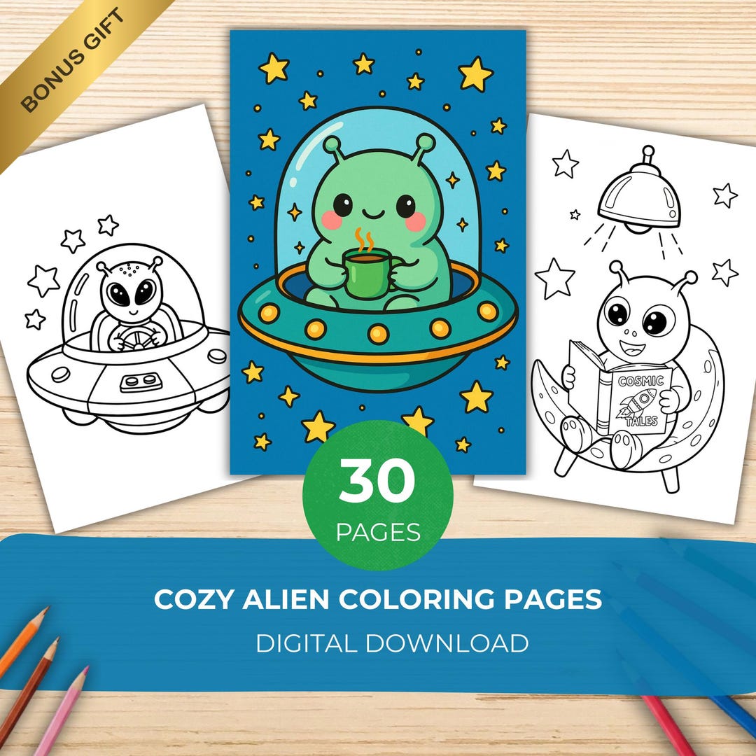 30 Cozy Alien Coloring Pages, Bold & Easy Cute Space Scenes, Celestial ...