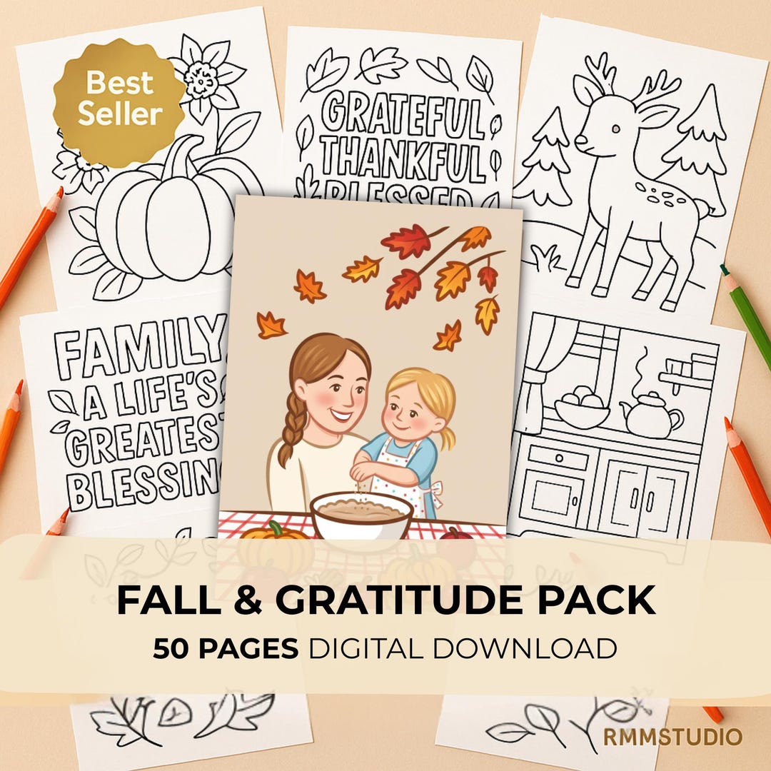 Fall and Gratitude Pack Coloring Bundle, 50 Cozy Autumn Pages for Mums ...