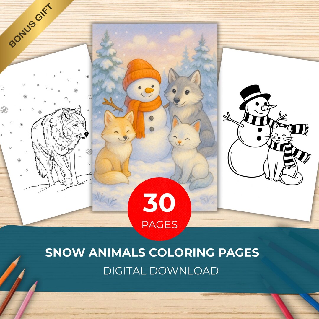 Snow Animals Coloring Pages – Cute Snowman, Snow Fox, Snow Wolf and ...