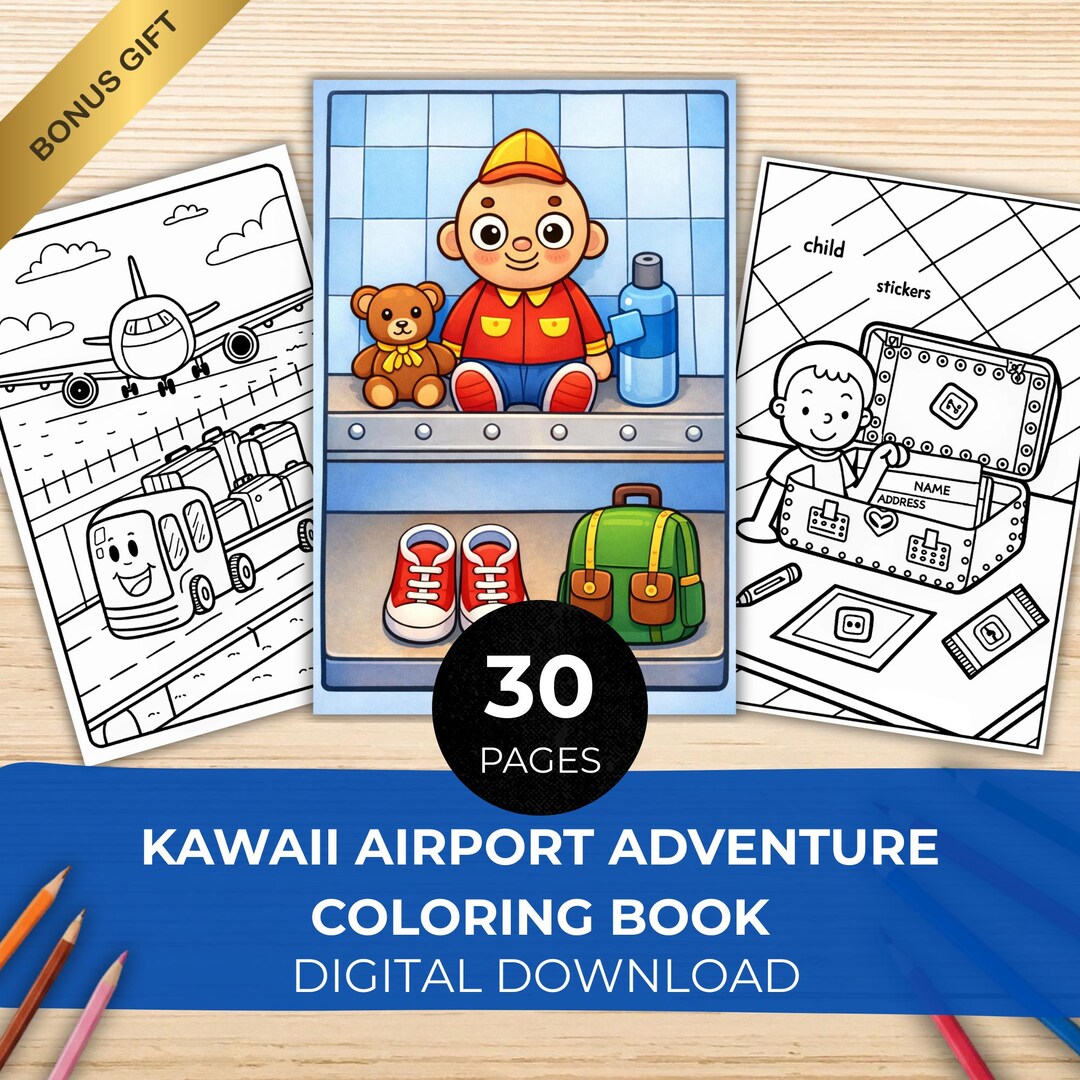 Kawaii Airport Adventure Coloring Book | Cute Airplanes, Suitcases ...