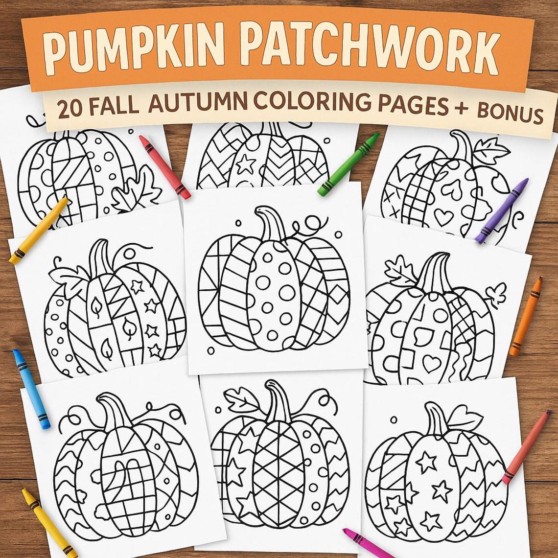 Pumpkin Patchwork Colouring Pages + BONUS Set, 20 Fall Autumn ...