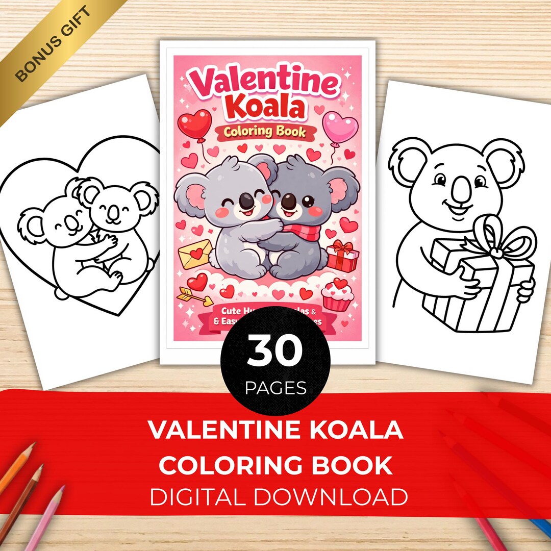 30 Valentine Koala Coloring Book – Cute Hugging Koalas, Easy Love ...