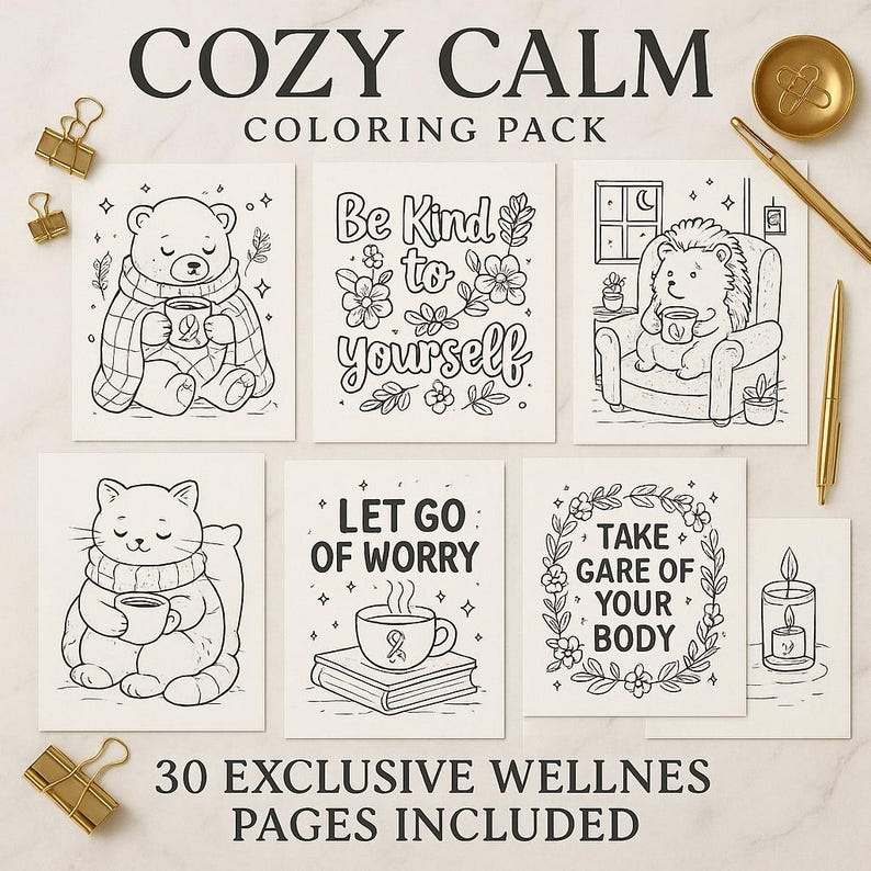 Cozy Calm Coloring Pack, 30 Kawaii Wellness Pages With Positive Quotes ...