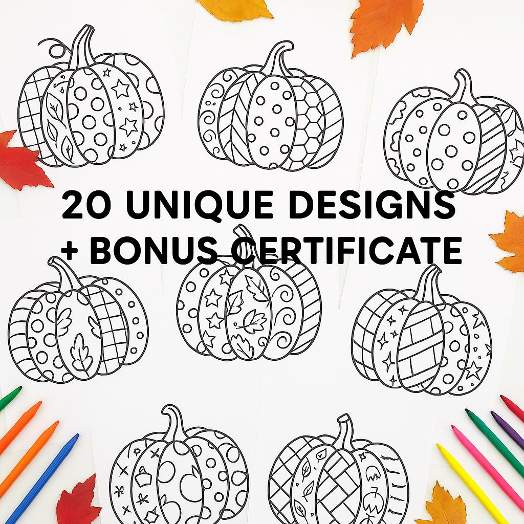 Pumpkin Patchwork Colouring Pages + BONUS Set, 20 Fall Autumn ...