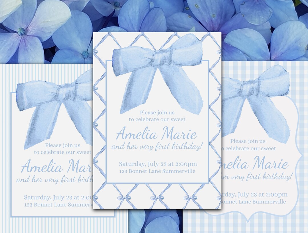 Grand Millennial Bow Invitation (blue) - Etsy