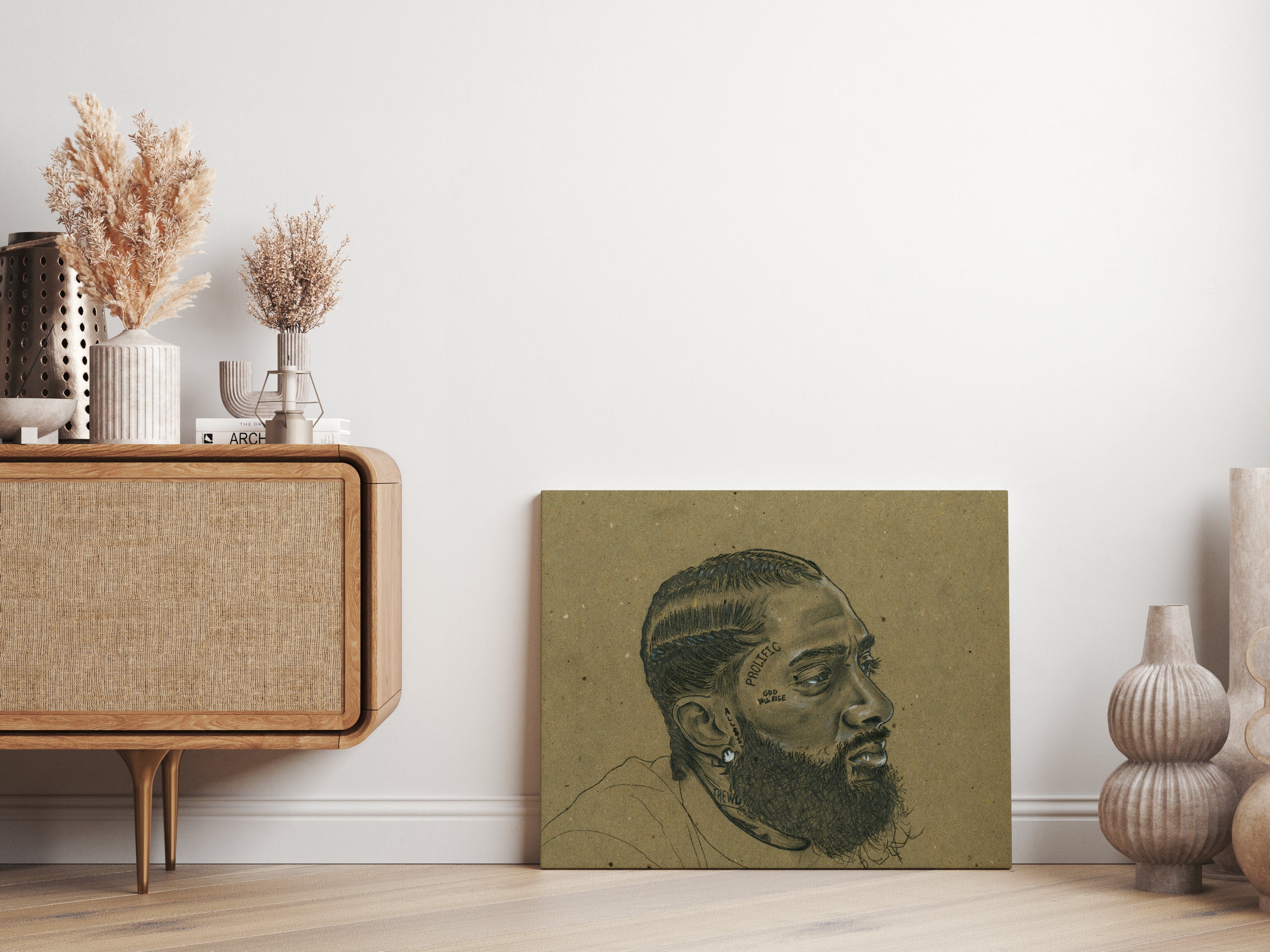 Nipsey Hussle Hand Drawn Portrait Black Art Large Format Stretched