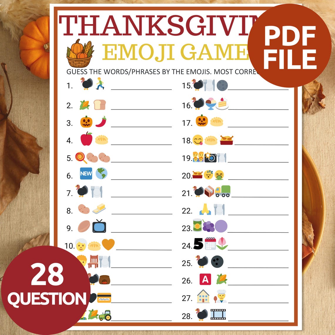 Thanksgiving Emoji Pictionary Game | Printable Thanksgiving Game ...