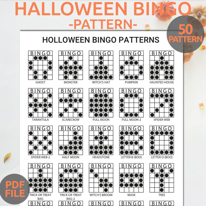 Halloween Bingo Patterns | Printable Holloween Bingo Party Game | 50 ...