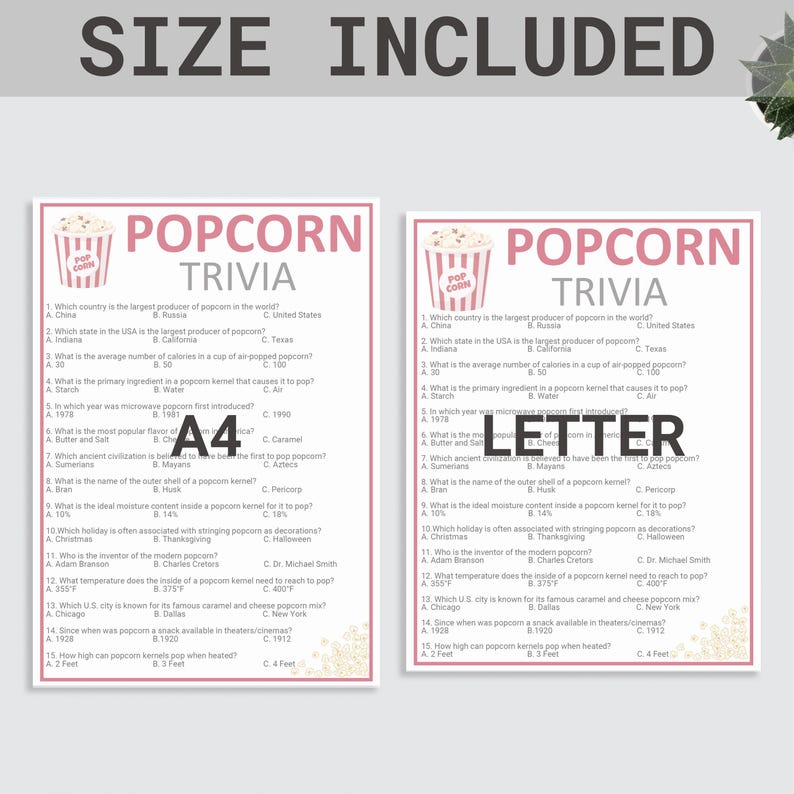Popcorn Trivia Game | Printable Popcorn Trivia | Popcorn Quiz Game ...