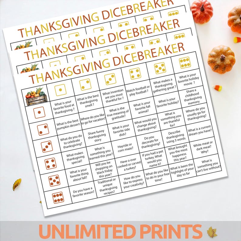 Thanksgiving Table Talk Dice Game | Thanksgiving Table Game ...