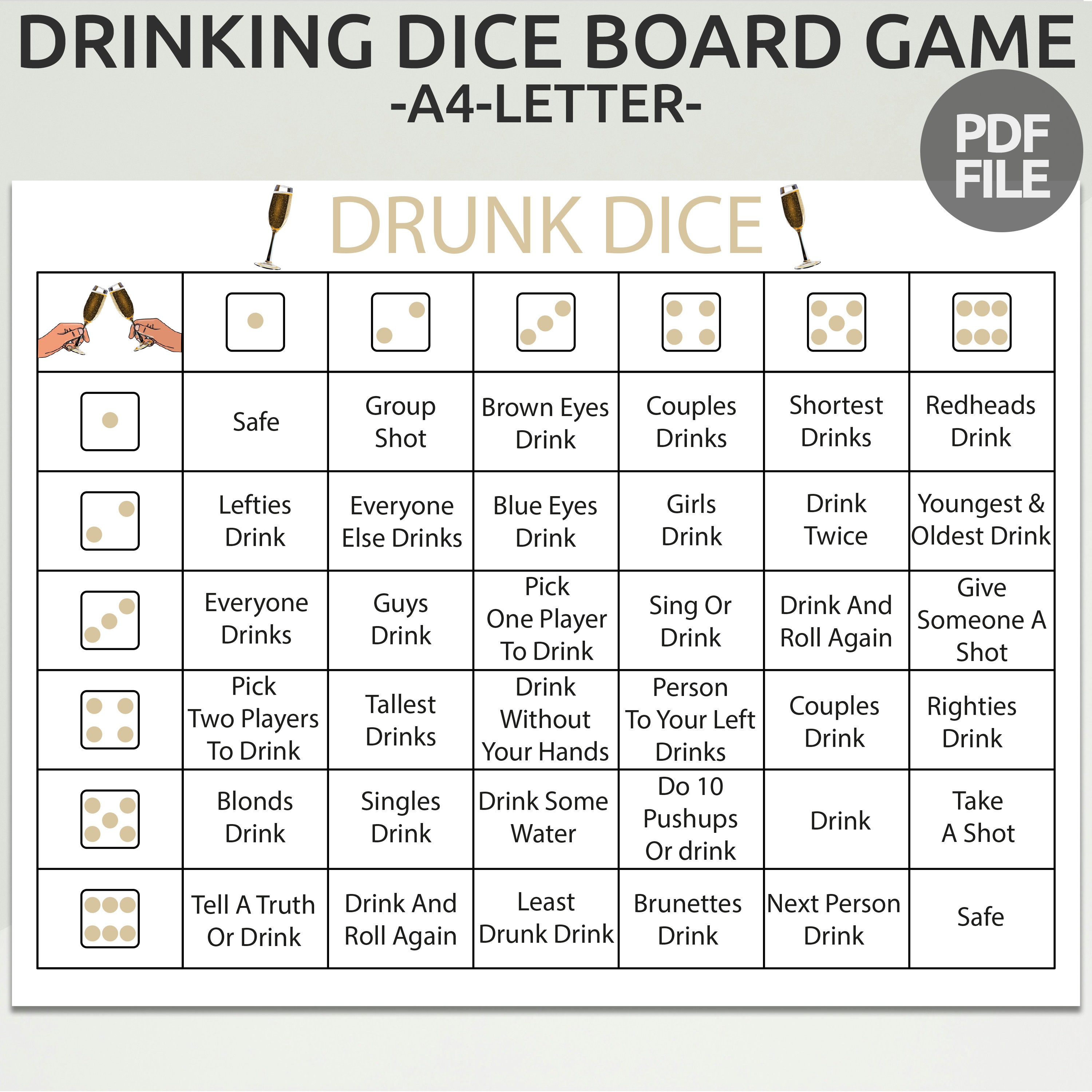 Printable Drunk Dice Game Drinking Game For Adults Drinking Dice Board