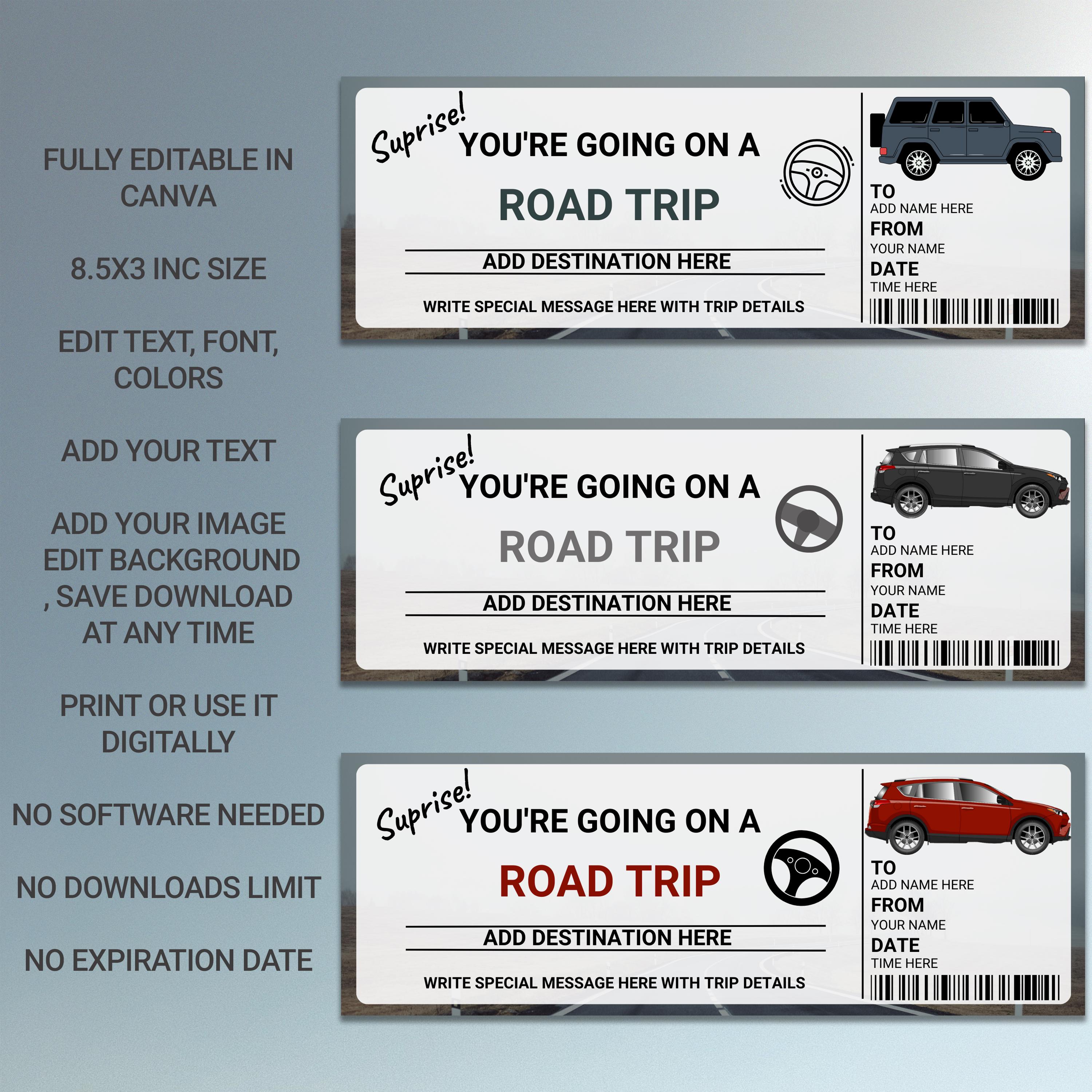 Editable Road Trip Ticket Printable Road Trip Ticket Road Trip ...