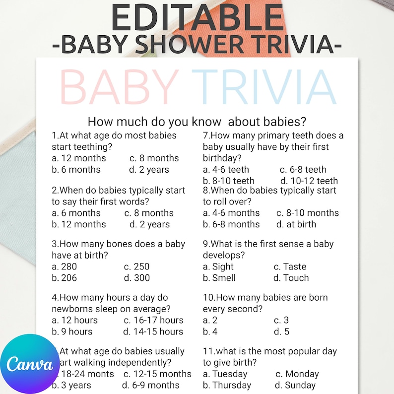 Baby Shower Trivia Game | Editable Baby Trivia Game | Custom Baby ...