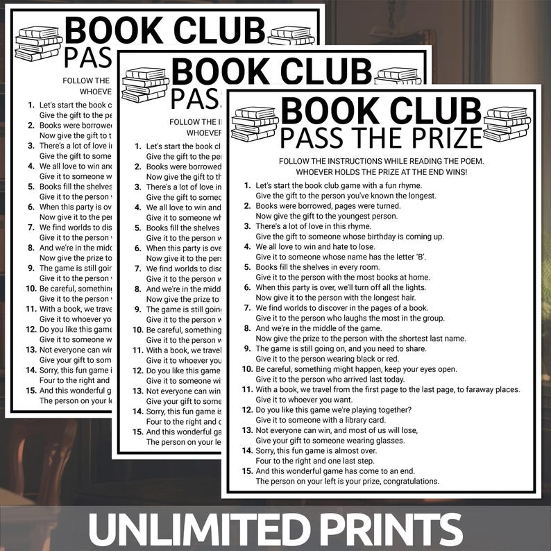 Book Club Pass the Prize Game | Book Club Pass the Gift Game ...