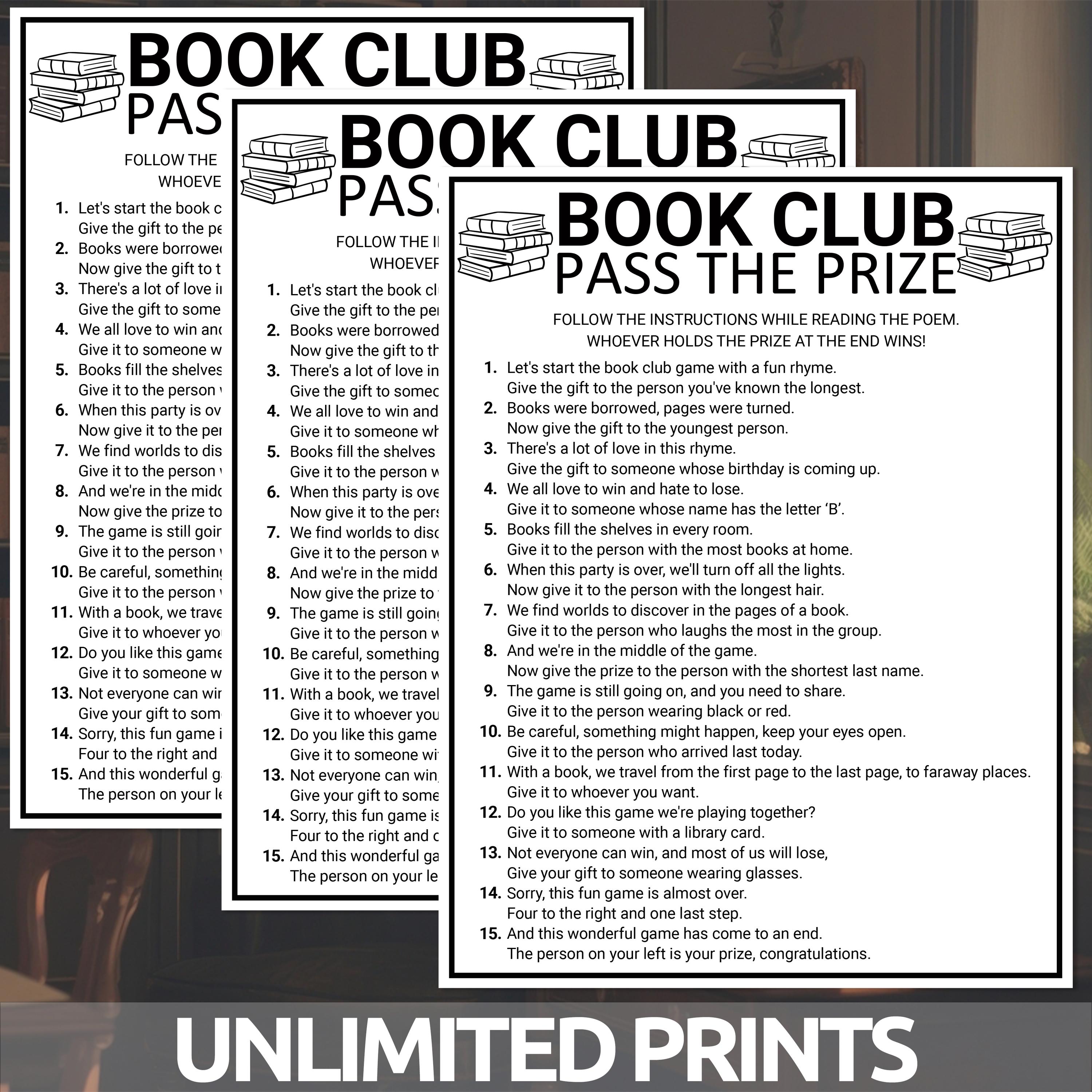 Book Club Pass the Prize Game | Book Club Pass the Gift Game ...