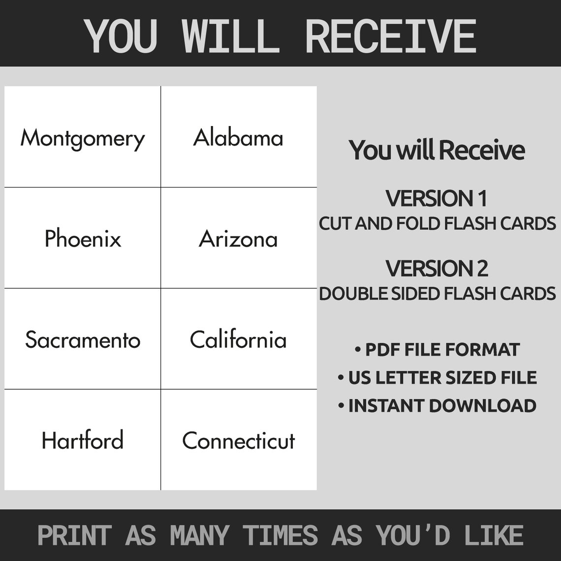 Printable US States and Capitals Flash Cards Educational Activities US ...