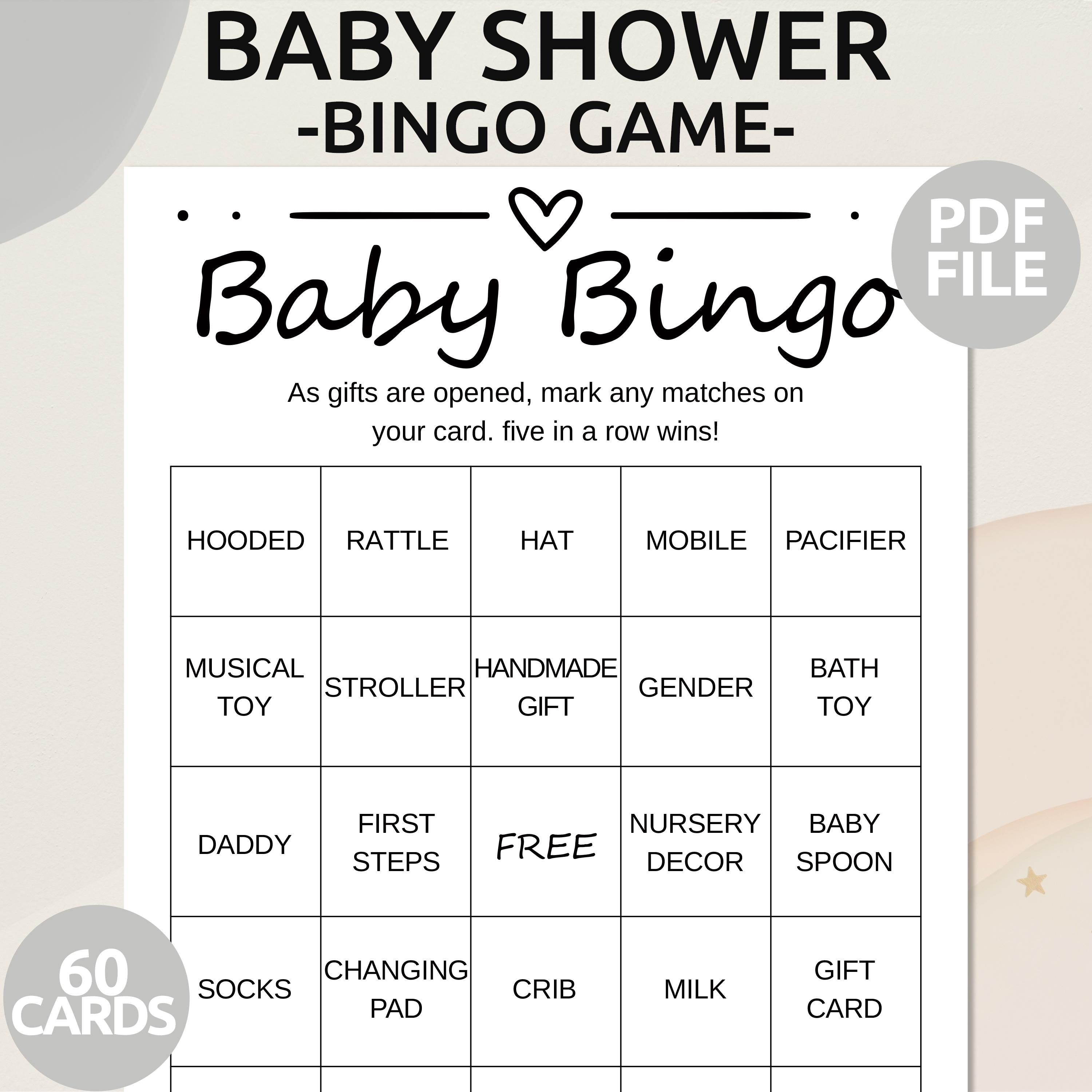 60 Baby Shower Bingo Cards | Prefilled Baby Bingo Games | Minimalist ...