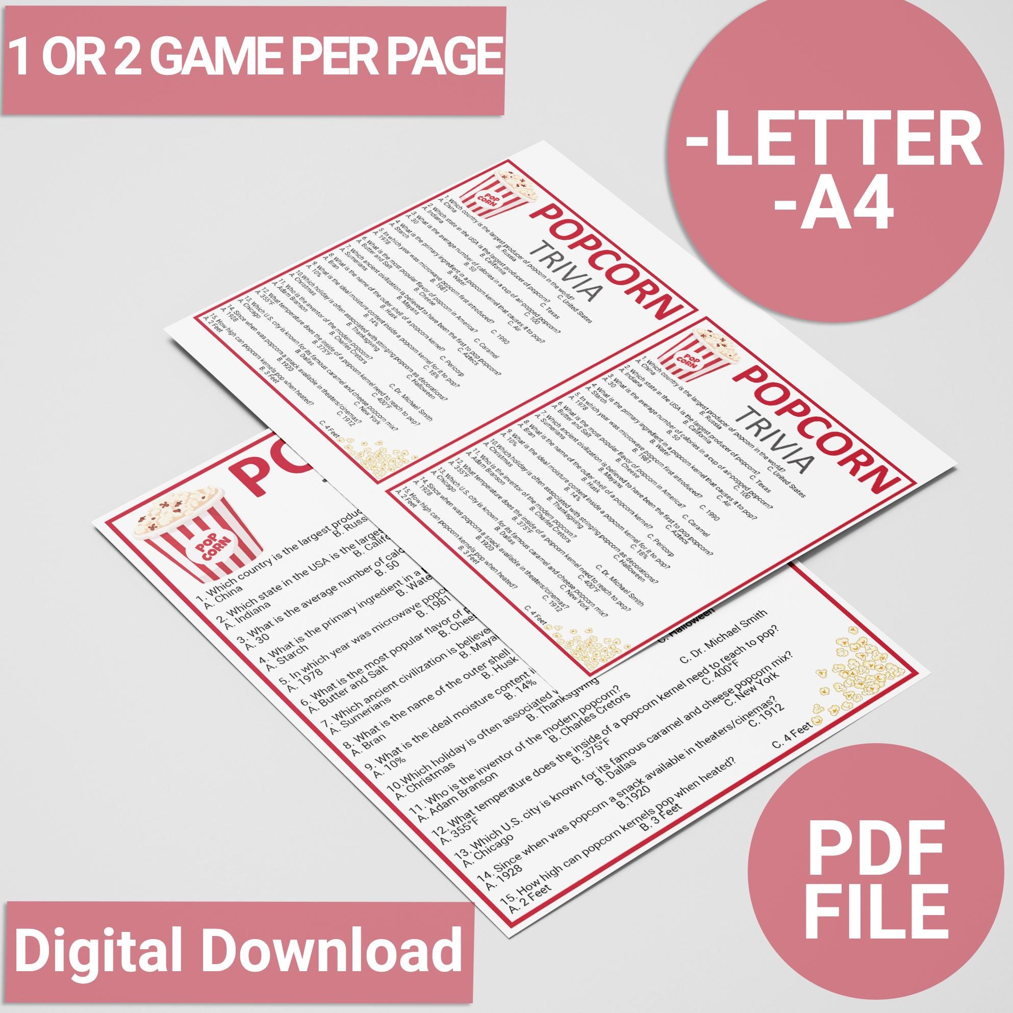Popcorn Trivia Game | Printable Popcorn Trivia | Popcorn Quiz Game ...