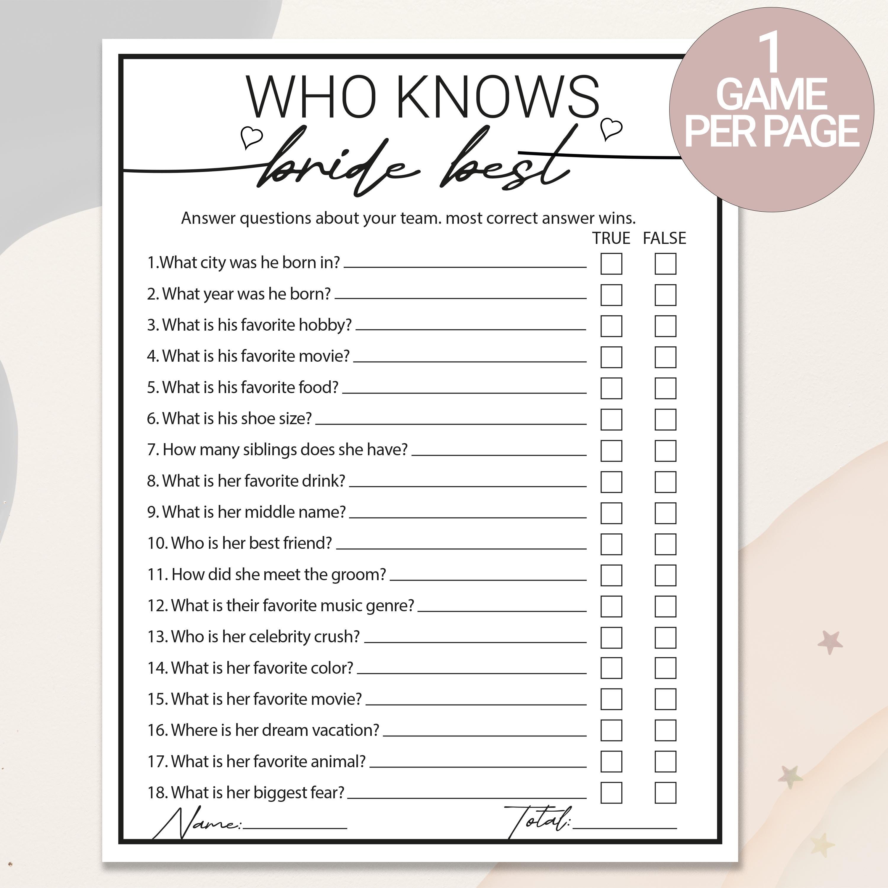 Who Knows the Bride Best Game | Printable Bridal Shower Games | How ...