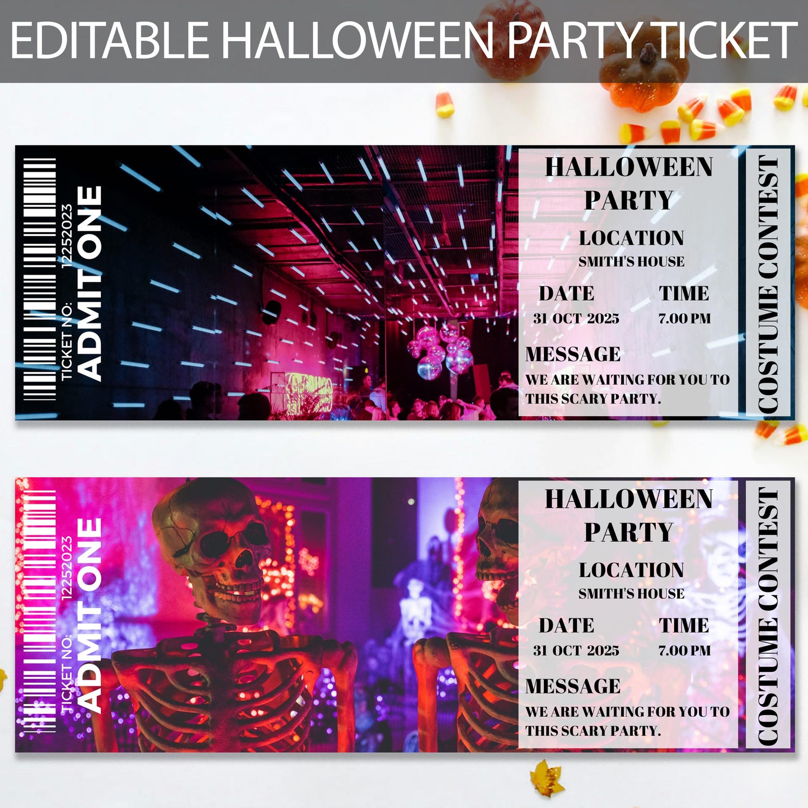 Editable Halloween Ticket Invitation | Halloween Party Ticket ...