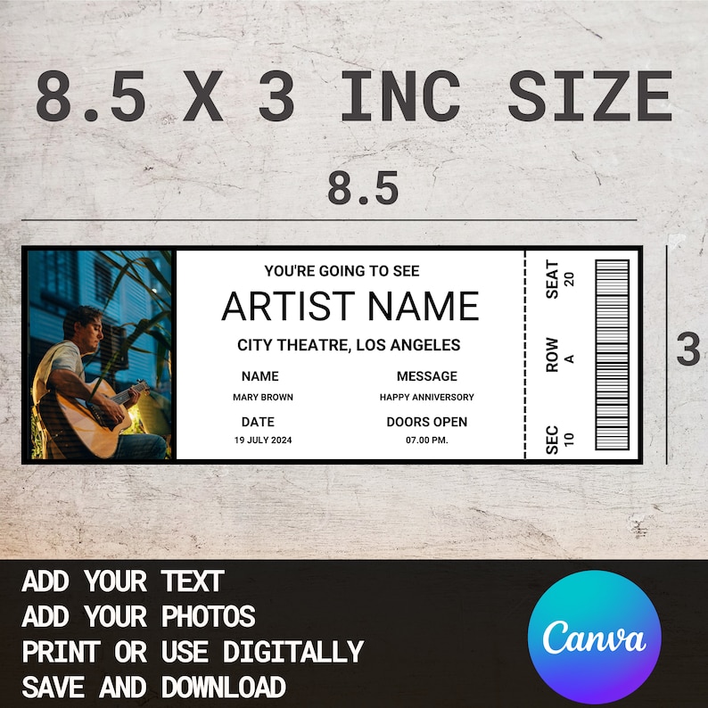 Editable Concert Ticket Template | Custom Concert Ticket | Personalized ...