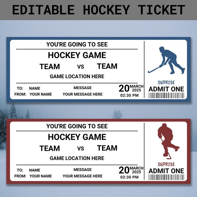 Custom Hockey Ticket | Hockey Ticket Template Printable | Editable ...