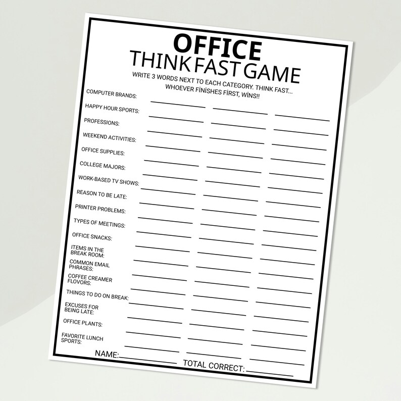 Printable Office Party Game | Office Think Fast Game | Team Building ...