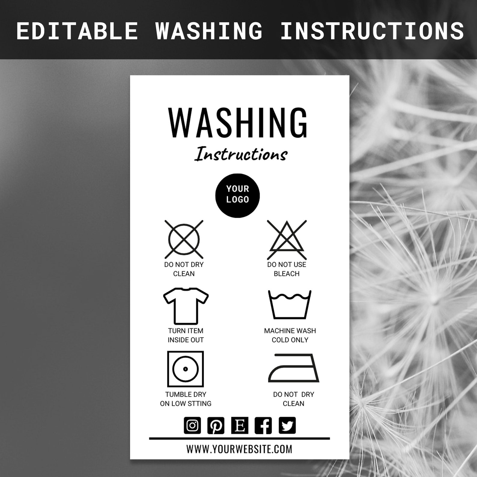 Editable Washing Instructions Card Template Printable Clothing Care ...