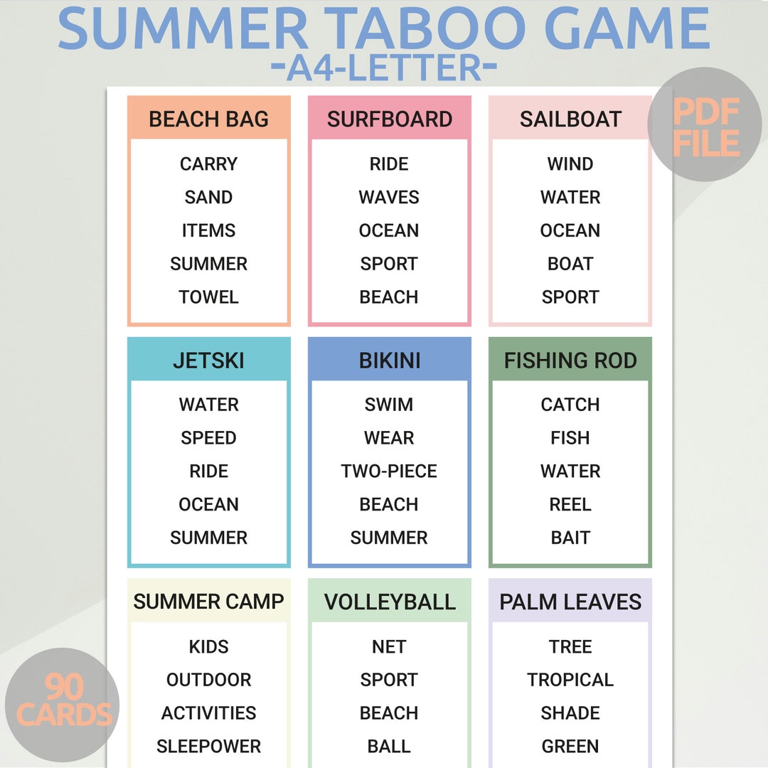 Summer Taboo Game | Summer 5 Second Game | Printable Summer Game ...