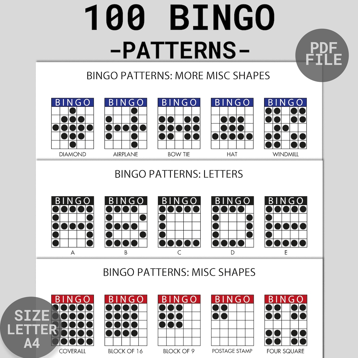 100 Bingo Patterns | Printable Fun Bingo Party Game | Bingo Winning ...
