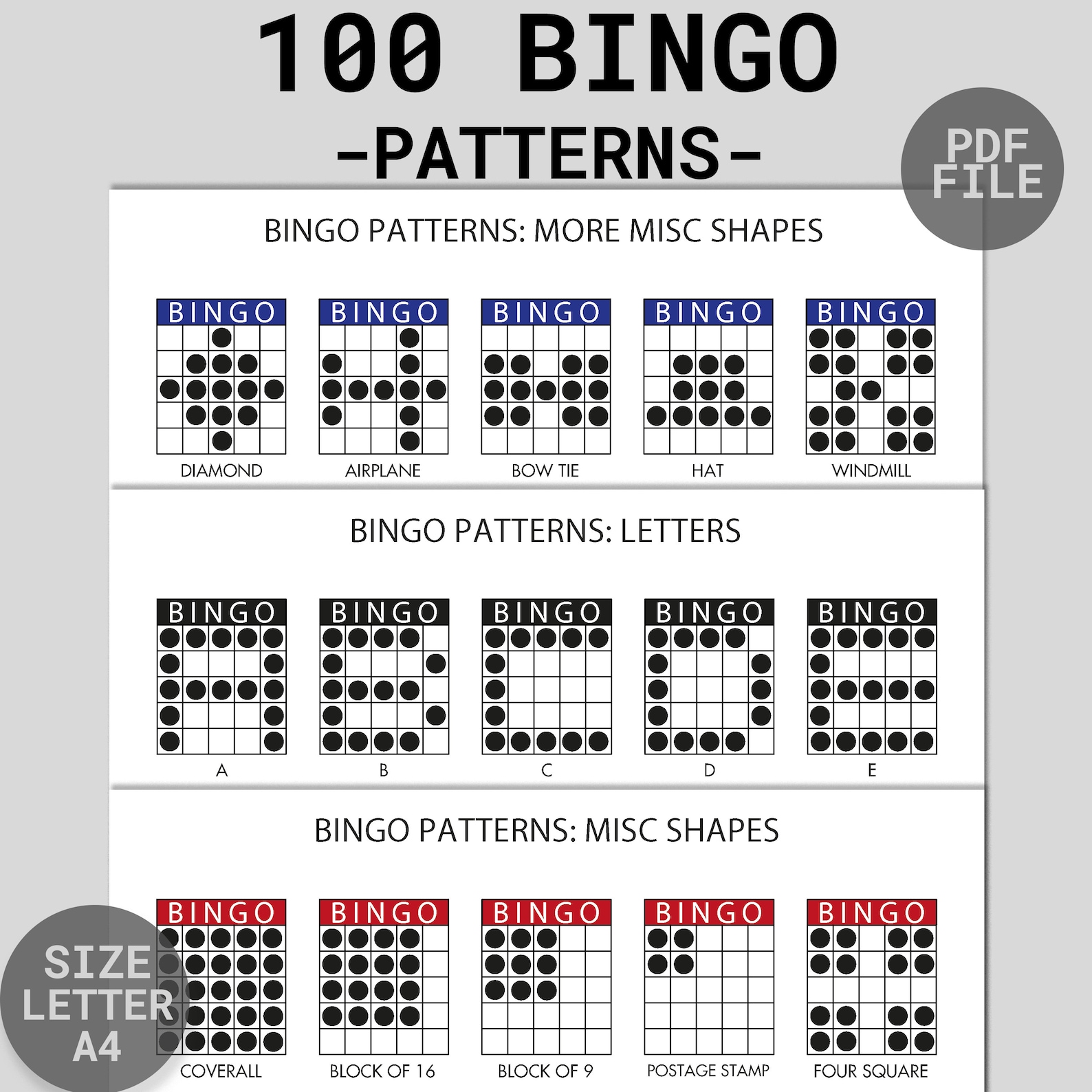 100 Bingo Patterns | Printable Fun Bingo Party Game | Bingo Winning ...