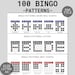 100 Bingo Patterns | Printable Fun Bingo Party Game | Bingo Winning ...