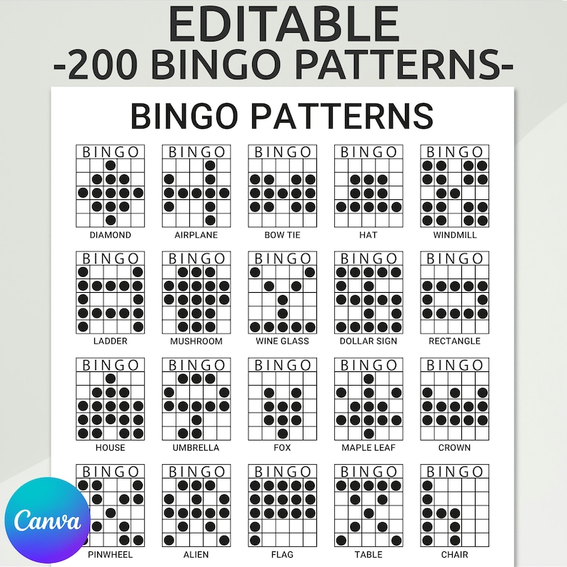 Editable 200 Bingo Patterns | Printable Fun Bingo Party Game | Editable ...